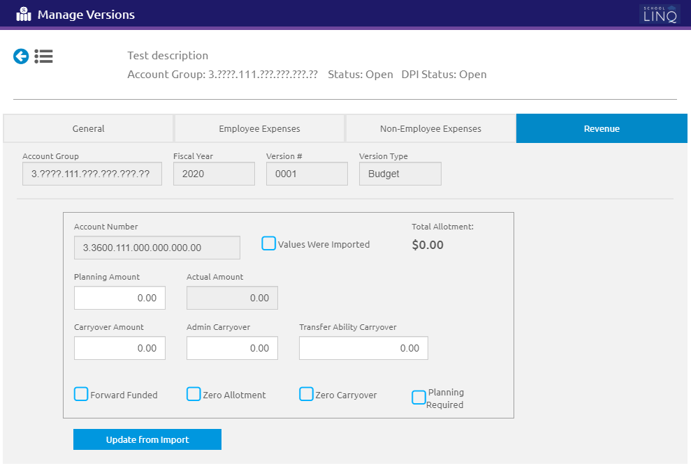 Manage Versions - Revenue Tab