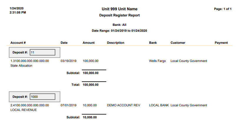 Deposit Register Report