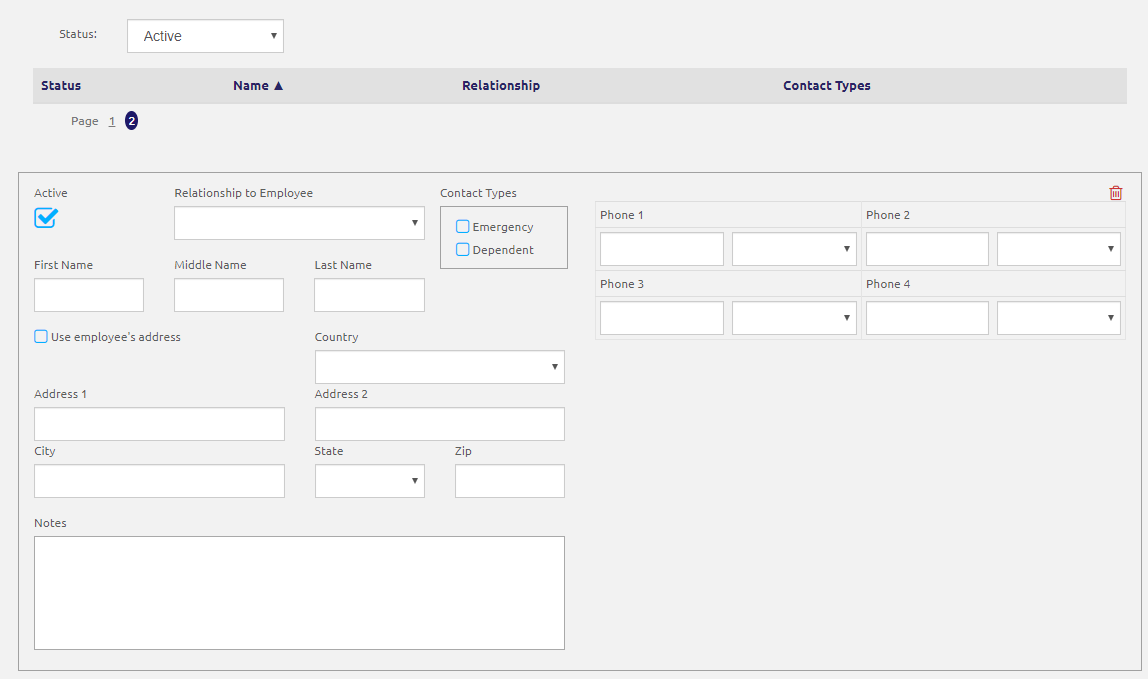 Manage Employees - Contacts / Dependents Tab