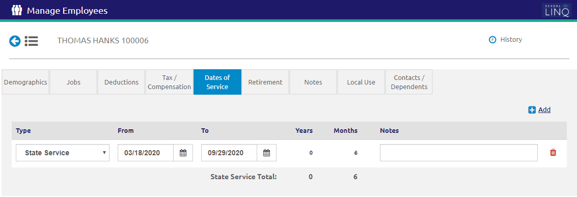 Manage Employees - Dates of Service Tab