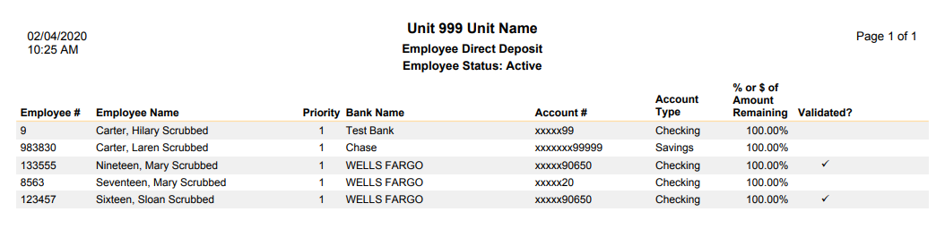 Employee Direct Deposit Report